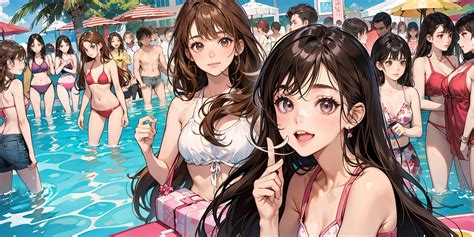 Anime Girls In Bikinis In A Pool With A Man In The Background Seaart Ai