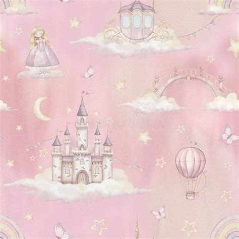 Watercolor Seamless Pattern With Castle For Princess On A Cloud