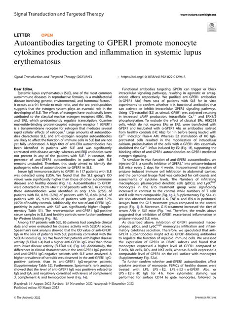Pdf Autoantibodies Targeting To Gper1 Promote Monocyte Cytokines