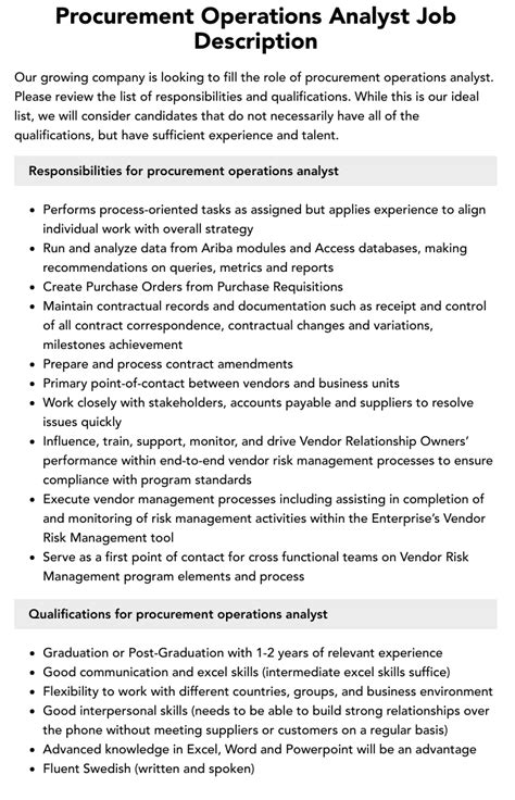 Procurement Operations Analyst Job Description Velvet Jobs