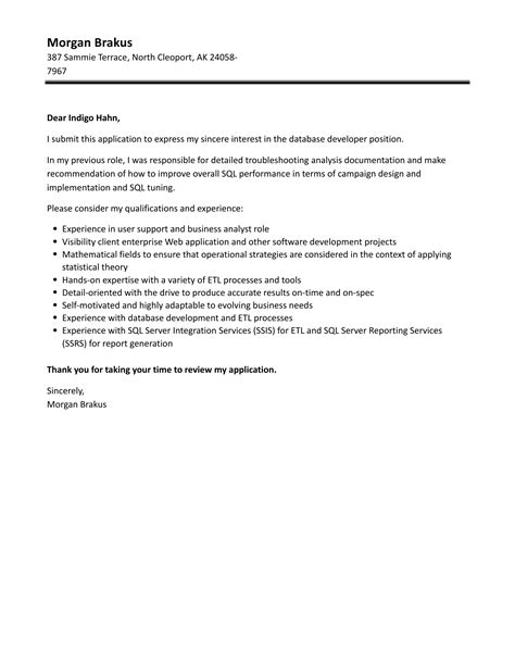 Database Developer Cover Letter Velvet Jobs