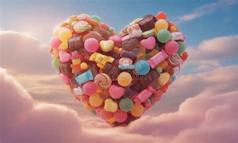 Heart Shaped Candy Assortment On Pink Cloud Background With Blue Sky