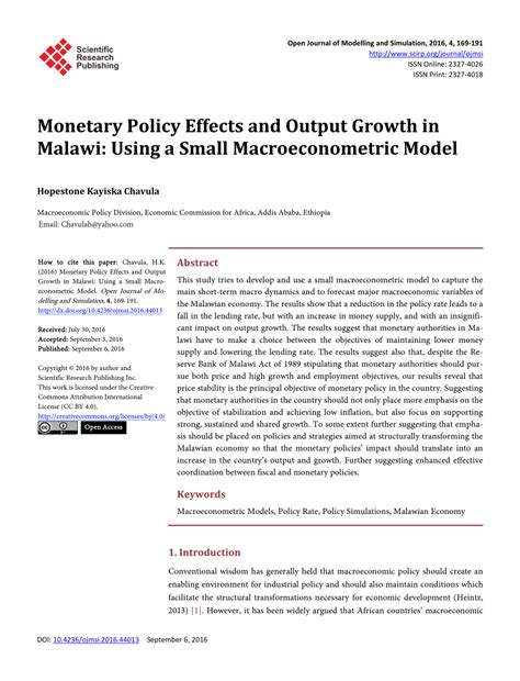 Pdf Monetary Policy Effects And Output Growth In Malawi Using A