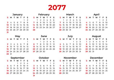 Calendar For 2077 Starts On Sunday Stock Illustration Download Image