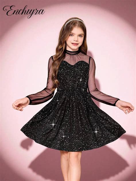 Tween Girl Mesh Lange Mouw Glitter Stof Feestjurk Voor Bruiloft Feest