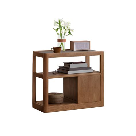Solid Wood Rectangular Side Table With Storage Shelves And 2 Drawer End
