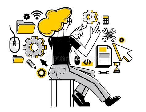 Technician Computer Engineer Repairing Pc Vector Outline Illustration Fixing System Work With