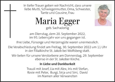 Traueranzeigen Von Maria Egger Trauer Kleinezeitung At