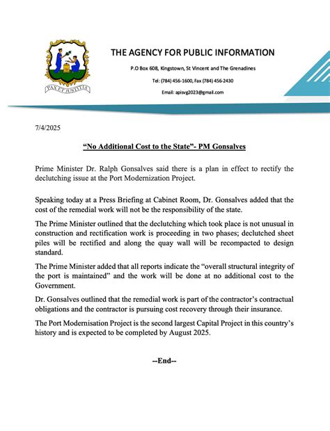 Api No Additional Cost To The State Pm Gonsalves On Remedial Work At The Port