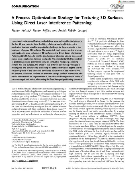 Pdf A Process Optimization Strategy For Texturing 3d Surfaces Using Direct Laser Interference