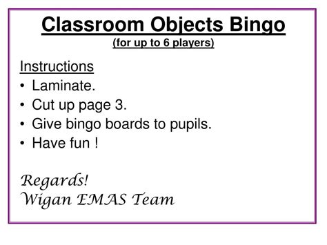 Ppt Classroom Objects Bingo For Up To 6 Players Powerpoint