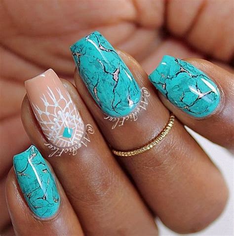 Punchy Western Nails Turquoise Stone Marble Nail Design Turquoise