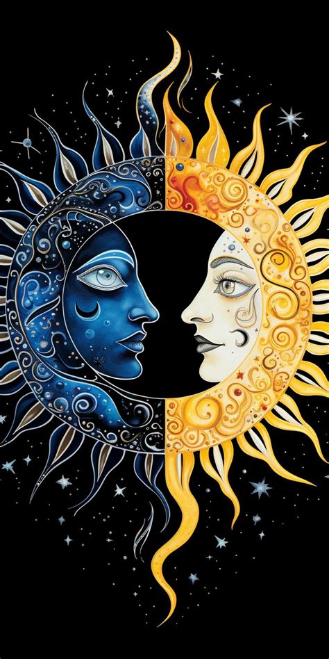 A Painting Of Two Sun And Moon Faces Moon Art Moon Stars Art Sun Art