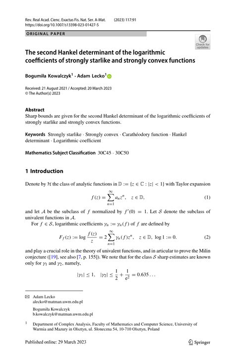 Pdf The Second Hankel Determinant Of The Logarithmic Coefficients Of Strongly Starlike And