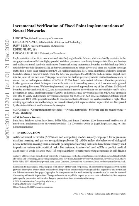 Pdf Incremental Verification Of Fixed Point Implementations Of Neural