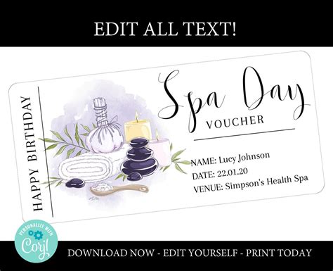 Spa Day T Voucher Printable Editable Spa T Certificate Etsy