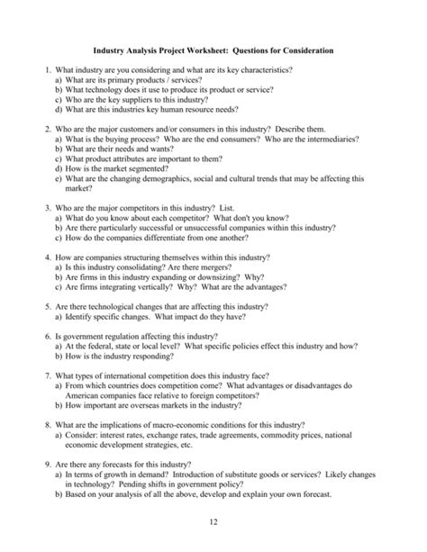 Industry Analysis Worksheet Questions And Action Planning