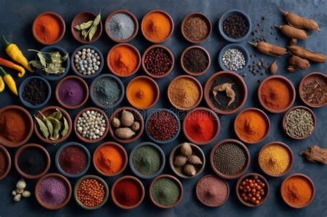 Indian Set Of Indian Spices Arranged In Clay Ceramics Viewed From