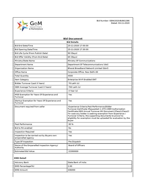 Bbnl Gem Tender For 4500 Onts Pdf Procurement