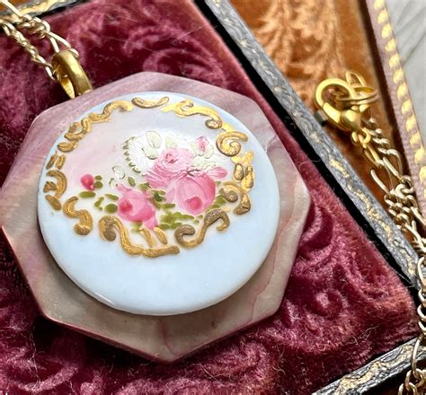 Antique Porcelain Hand Painted China Button Pendant Necklace Gilt
