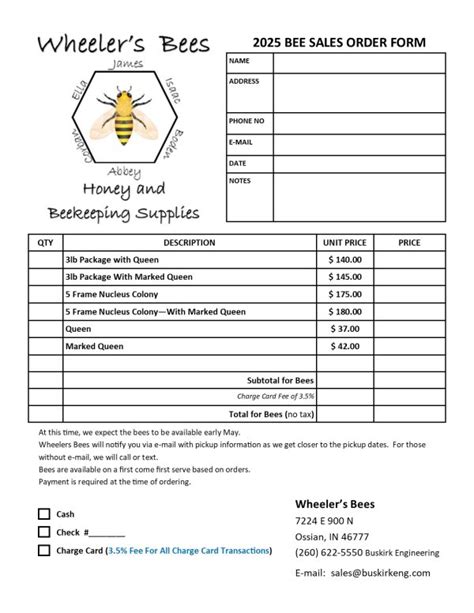 2025 Bee Order Form Wheelers Bees