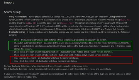 Crowdin Configuration Regarding Import → Source Strings → Duplicate Strings · Issue 252