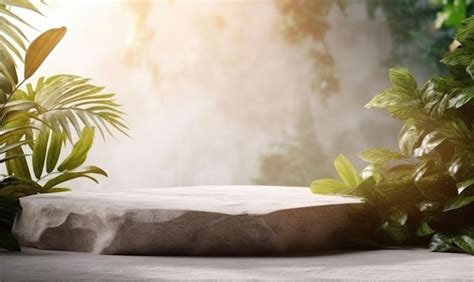 Mockup Podium With Stone Landscape Background Tropical Scene Light