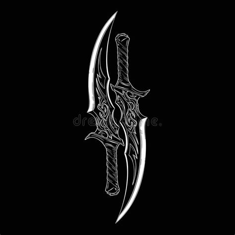 Fantasy Dual Daggers White Line Art On Black Background Stock Vector
