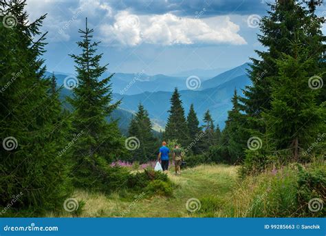 Two Travelers Walk Along The Alpine Meadow Stock Image Image Of Huge