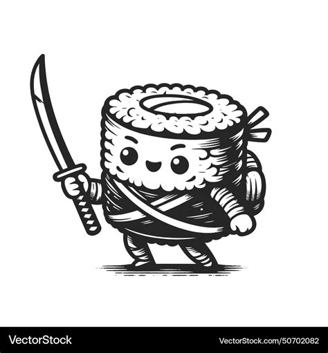 Cute Sushi Roll Character Sword Sketch Royalty Free Vector