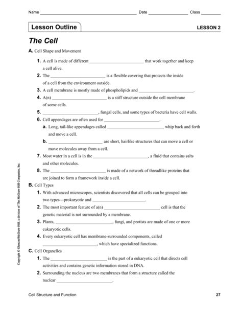 Cell Structure And Function Lesson Outline