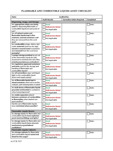 Flammable And Combustible Liquids Audit Checklist Dispensing Usage