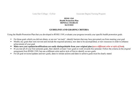Ronell Charles Health Promotion Plan Criteria 1261 Lone Star College