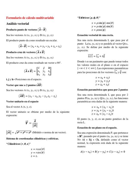 Formulario De Cálculo Multivariable Pdf Integral Derivado