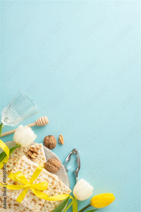 Elegant Passover Theme Top View Vertical Image Of Ribbon Bound Matza