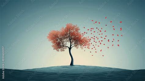 Autumn Tree With Red Leaves Blowing In Wind On Top Of Hill In Beautiful