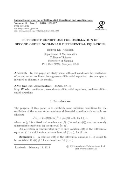 Pdf Sufficient Conditions For Oscillation Of Second Order Nonlinear