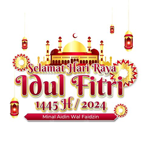 Happy Eid Al Fitr 2024 1445 H With Gold Mosque And Various Decorations