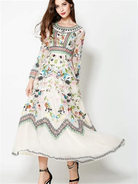Embroidery Flowers Long Sleeve Ankle Length Dress