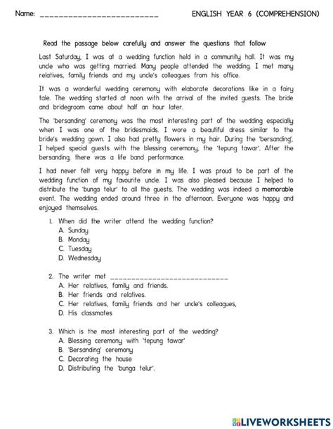 English Year 6 Comprehension Mcq A Wedding Ceremony Worksheet