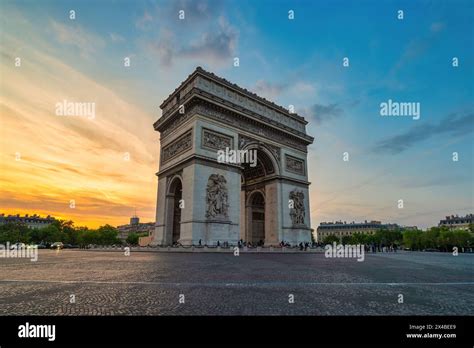 Paris France City Skyline Sunset At Arc De Triomphe And Champs Elysees