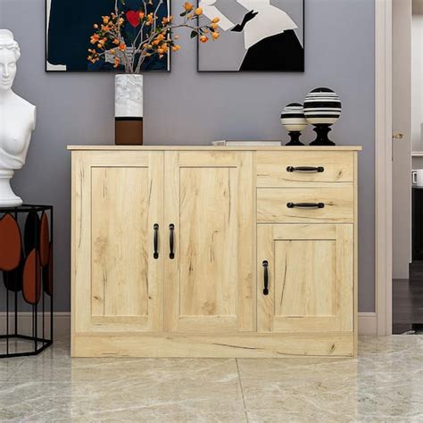 Urtr 43 In L Oak Rectangle Solid Wood Console Table With 2 Cabinet And