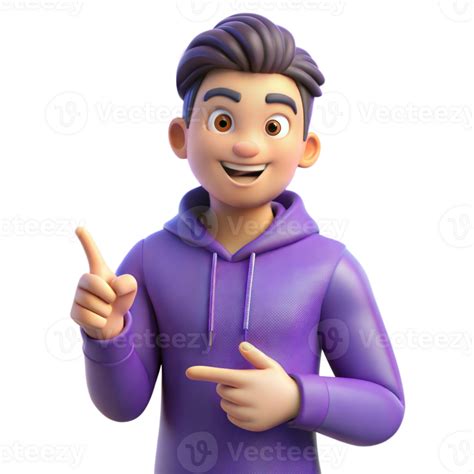Smiling Cartoon Man Wearing Purple Hoodie Points To The Right 50907368 Png