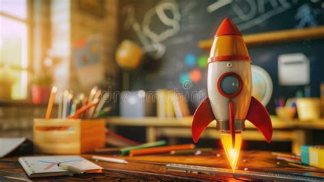 Rocket Is On A Desk In A Classroom With A Chalkboard Behind It Stock