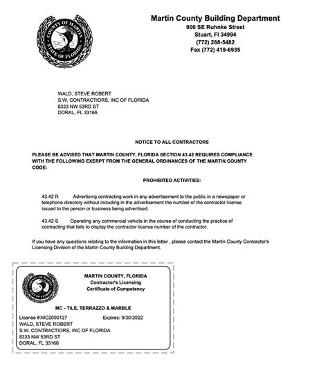 Martin County Competency Card Sw Contractors Inc