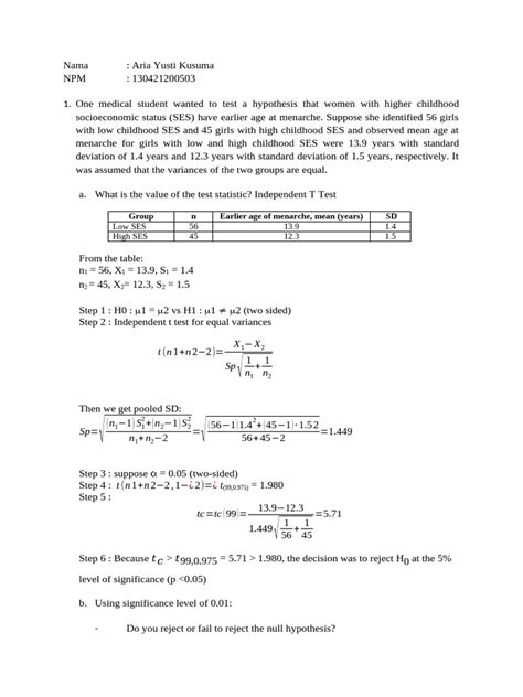 Assignment For Topic Parametric And Non Parametric Tests Part I Pdf Standard Deviation