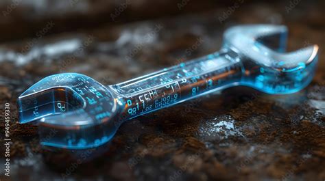 Blue Digital Wrench Spanner With Glowing Binary Code Ai In Maintenance