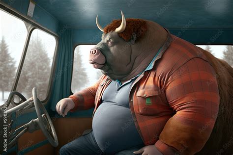 Fat Buffalo In Clothes A Trucker Driver Sits In The Car Created With