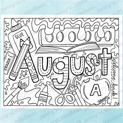 August Printable Coloring Page Hand Drawn August Coloring Page