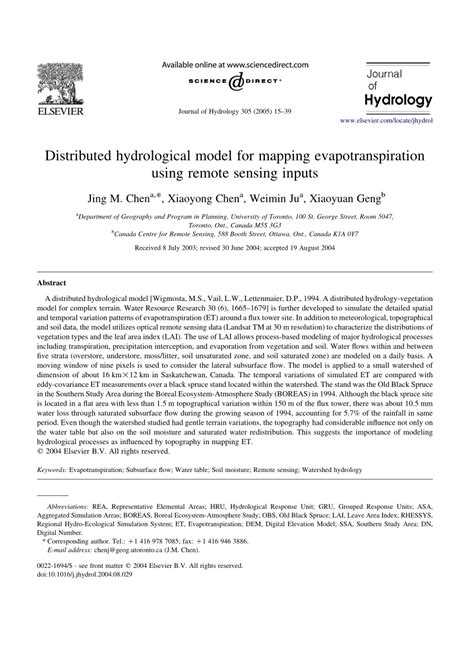 pdf distributed hydrological model for mapping evapotranspiration using remote sensing inputs